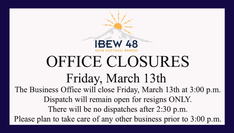 Office Closures — IBEW Local 48 Electricians Union - Portland, Oregon ...