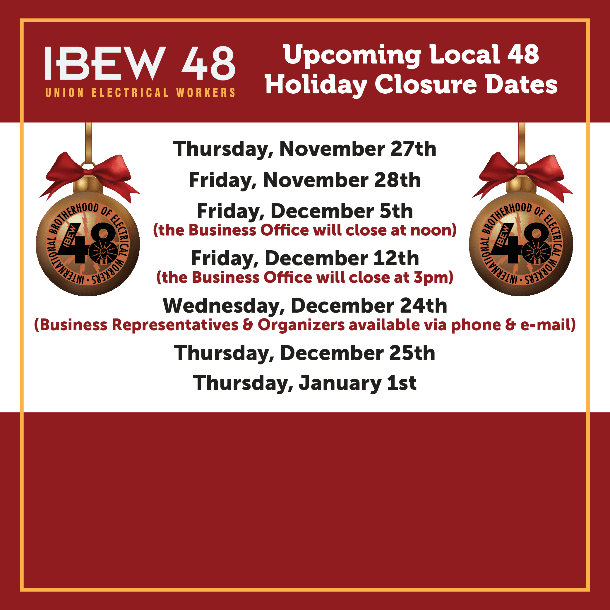 Upcoming Local 48 Holiday Closure Dates — IBEW Local 48 Electricians ...